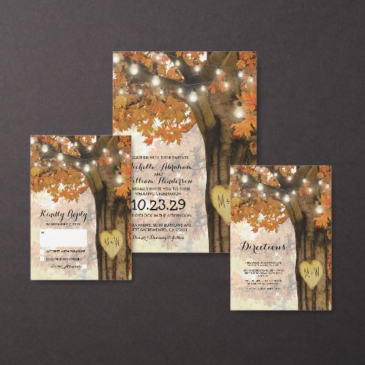 Rustic Fall Autumn Tree Twinkle Lights Wedding Invitation | Zazzle