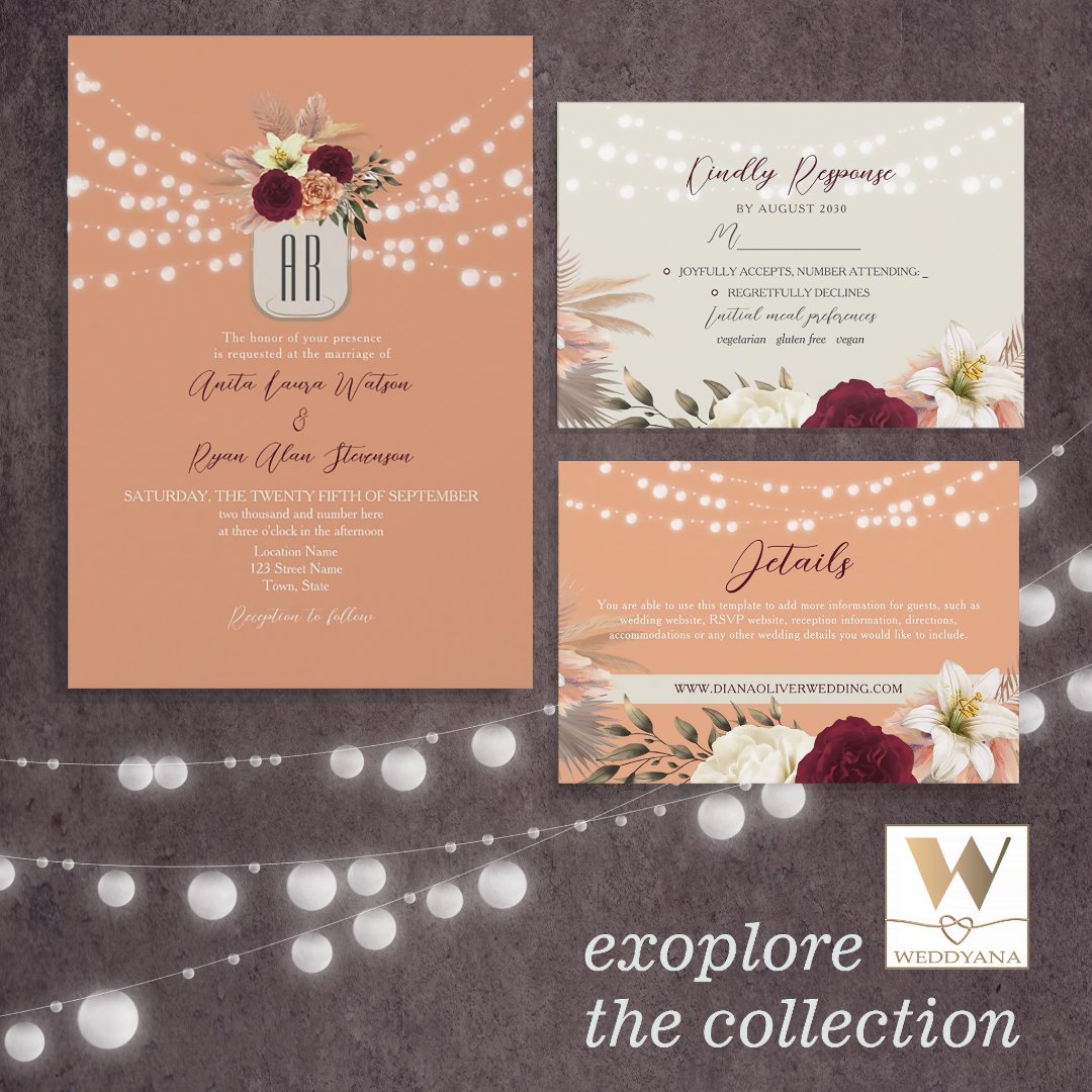 Watercolor Floral Burgundy and Peach Wedding All In One Invitation | Zazzle