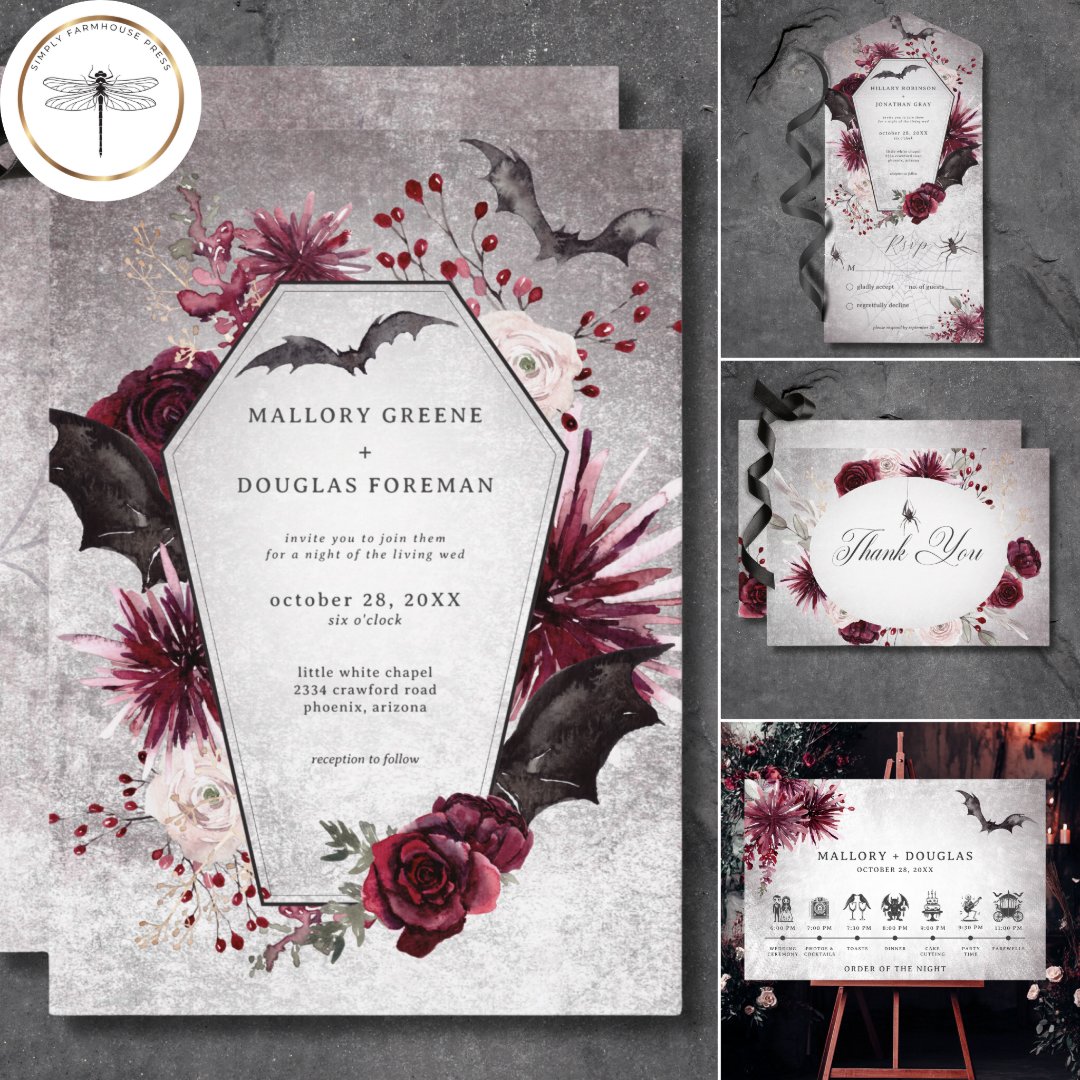 Rustic Gothic Black Burgundy Halloween QR Code All In One Invitation ...