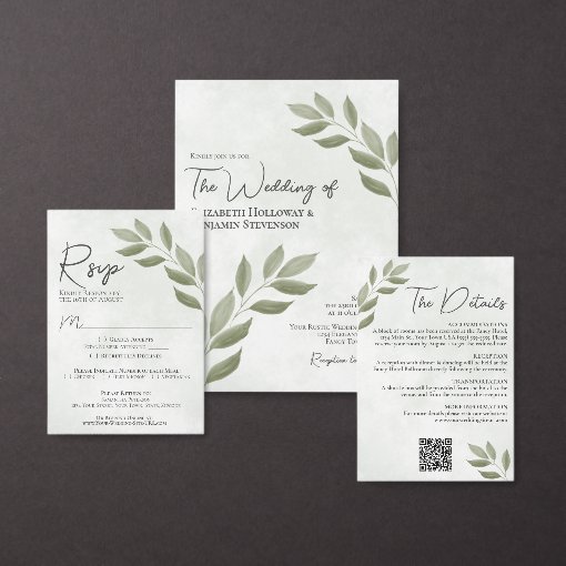 Wistful Leaves Sage Green Wedding Details QR Code Enclosure Card | Zazzle