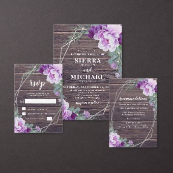 Rustic Barnwood Floral Silver & Purple Wedding All In One Invitation ...