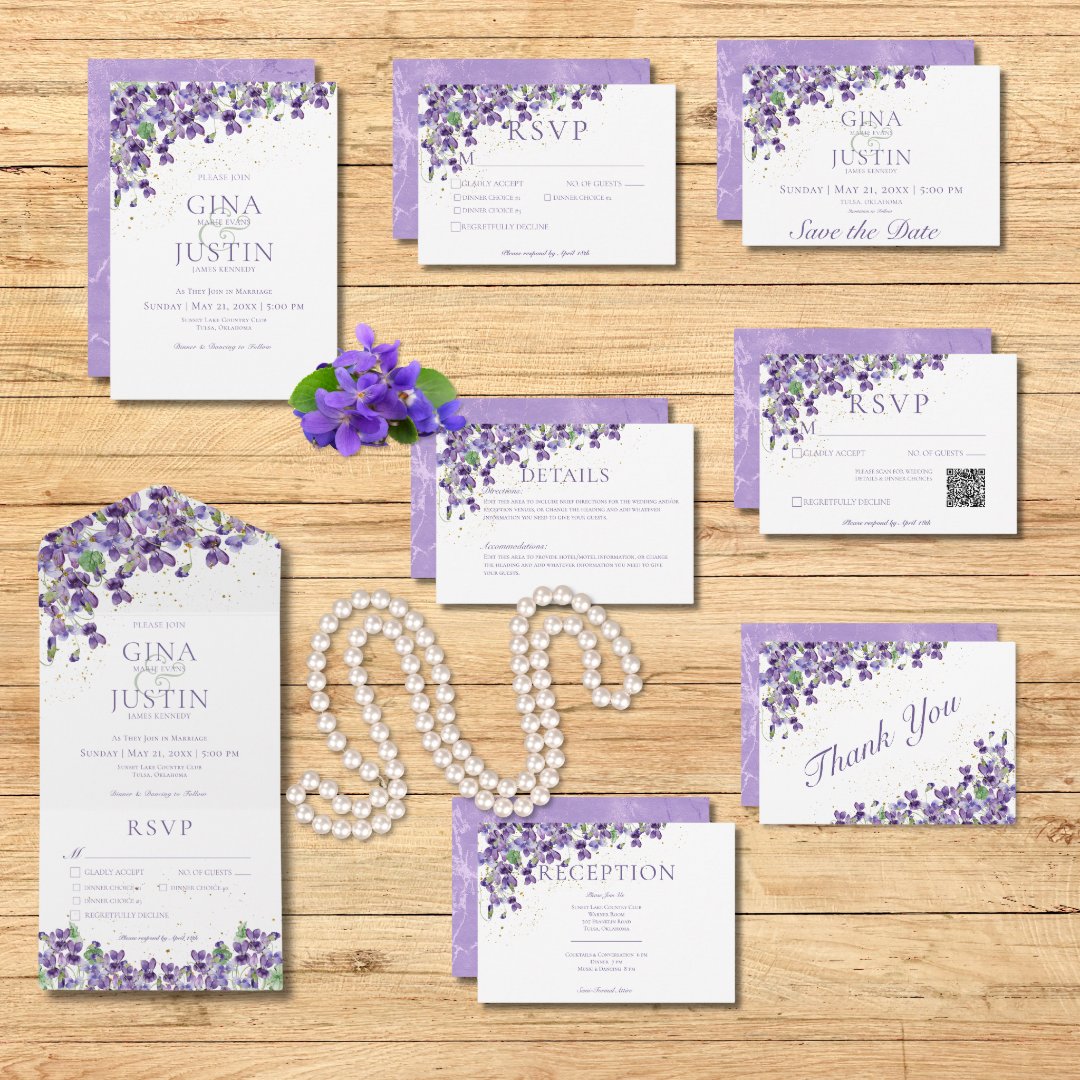 Purple Watercolor Violets Wedding Dinner RSVP Card | Zazzle