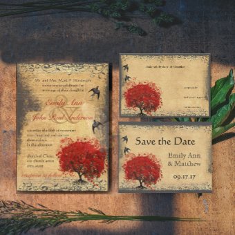 Rustic Heart Leaf Red Tree Love Bird Wedding Invitation | Zazzle