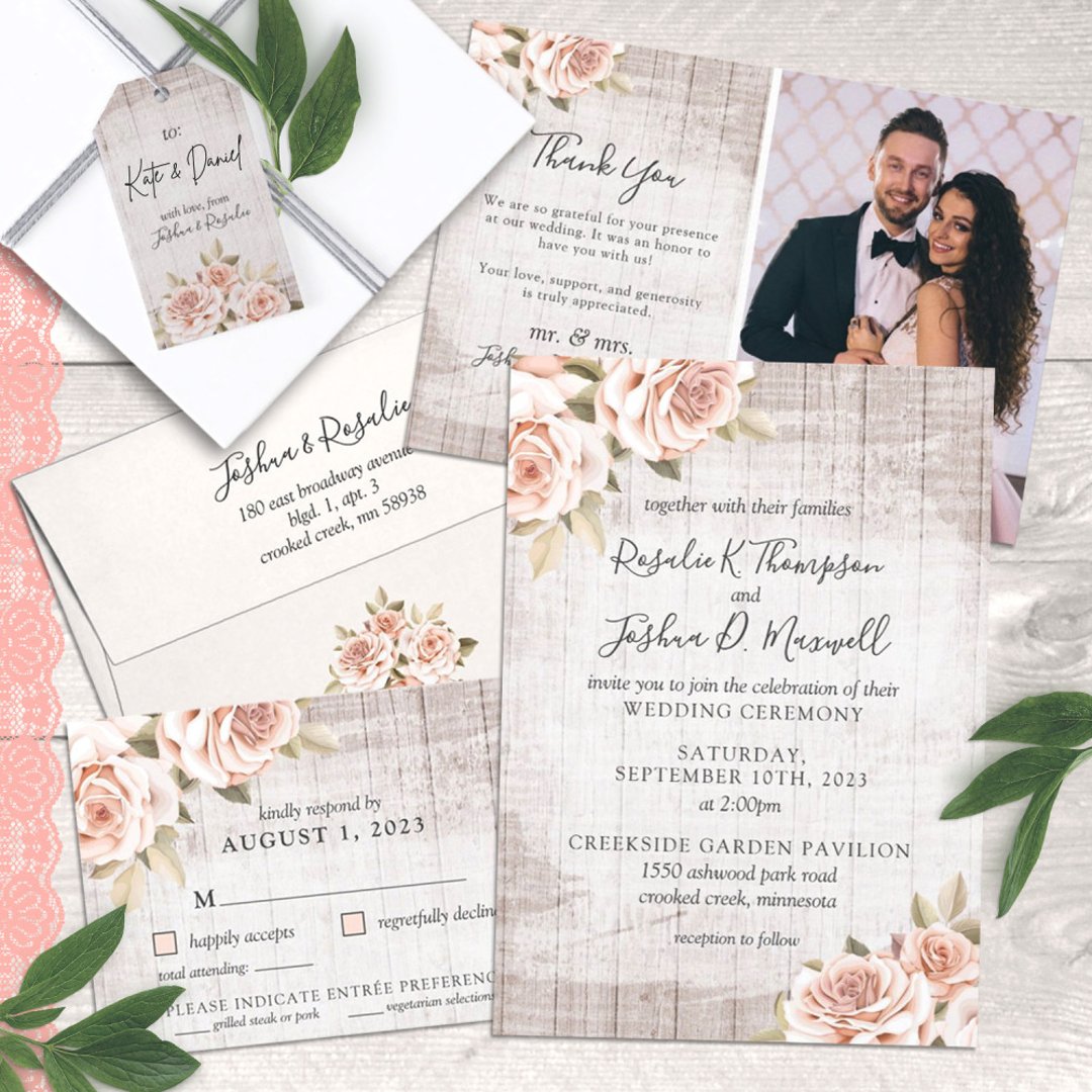 Rustic Wood & Romantic Roses Shabby Chic Wedding Invitation | Zazzle
