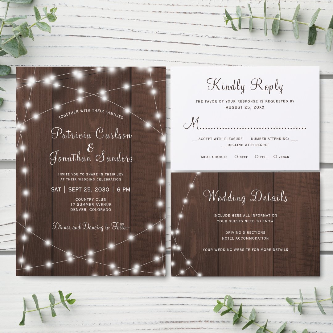 Rustic photo wood string lights rsvp wedding all in one invitation | Zazzle