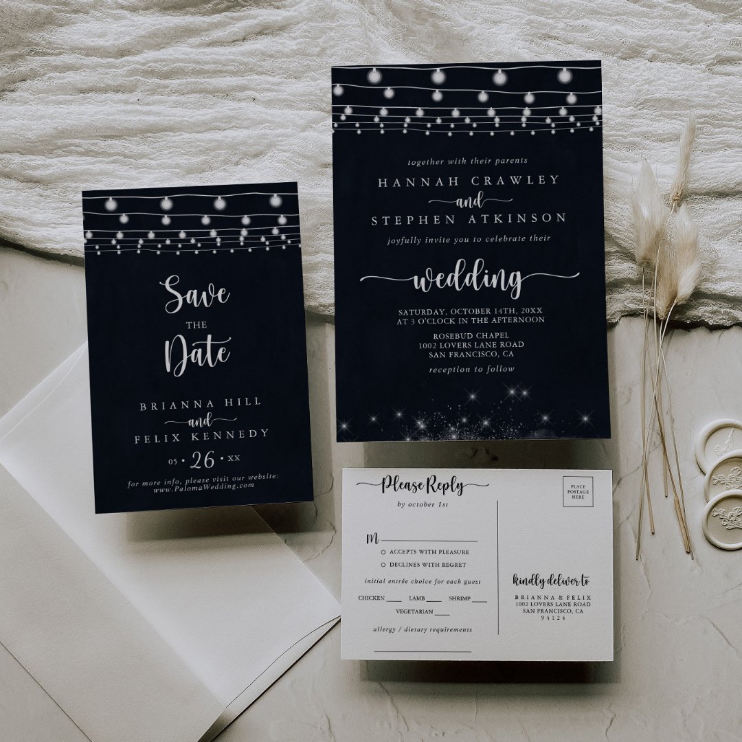 Rustic String Lights Stars Front & Back Wedding Invitation | Zazzle