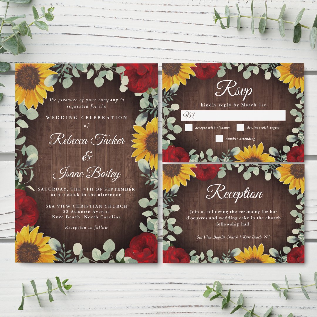 Rustic Sunflowers Eucalyptus Red Rose Wood Wedding Invitation | Zazzle