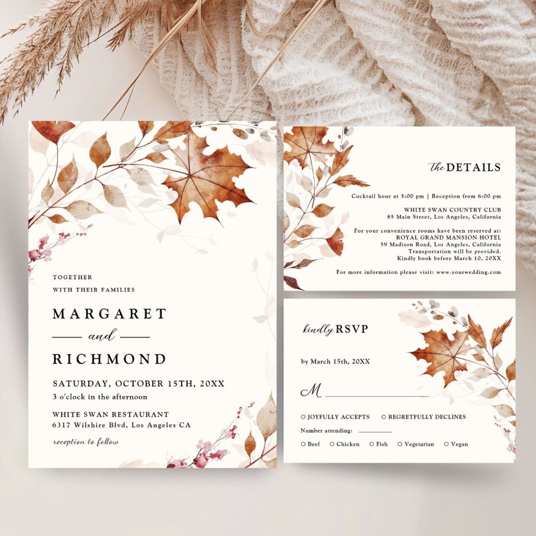 Rustic Terracotta Leaves Watercolor Fall Wedding Invitation | Zazzle