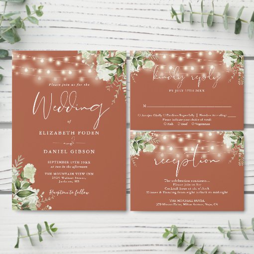 Budget Floral Lights Terracotta Wedding Invitation | Zazzle