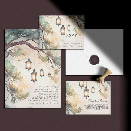 Rustic Tree Botanical Lantern Lights Wedding Invitation | Zazzle