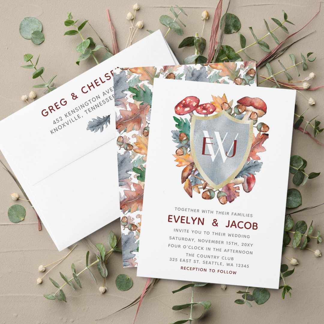 Rustic Watercolor Mushrooms Fall Wedding Invitation | Zazzle