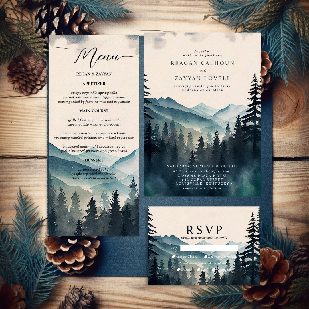 Watercolor Pine Tree Mountain Calligraphy Wedding Invitation | Zazzle