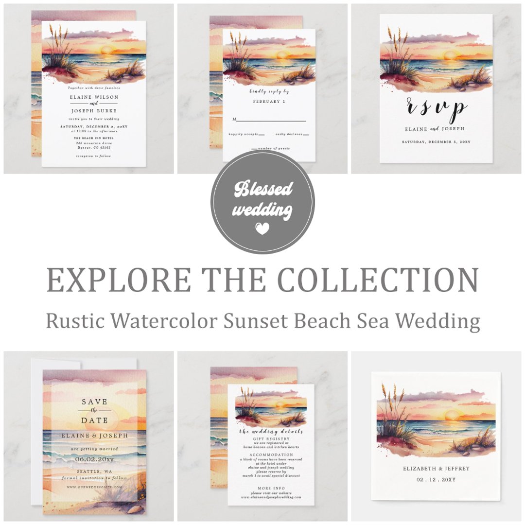 Rustic Watercolor Sunset Beach Seascape Wedding Invitation | Zazzle