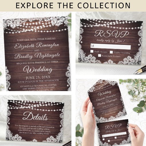 Rustic Wood Lace String Lights Wedding Invitation | Zazzle