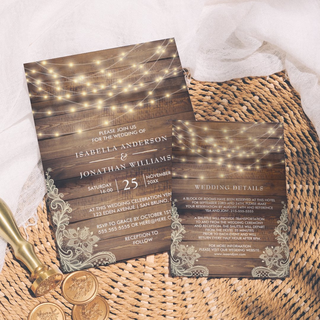Rustic Wood & String Lights | Vintage Lace Wedding Label | Zazzle