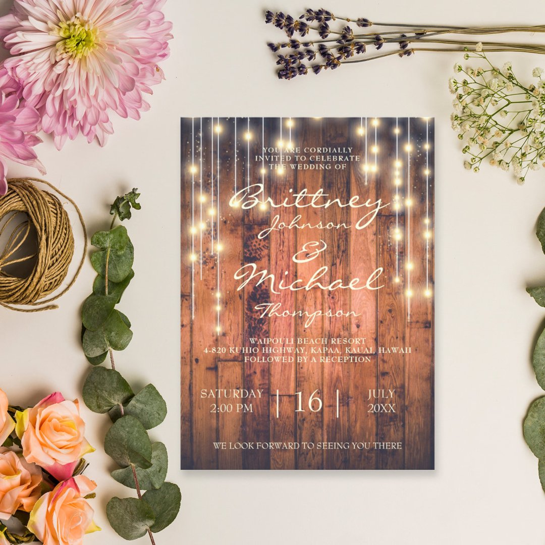Rustic Wood String Lights Wedding All In One Invitation | Zazzle