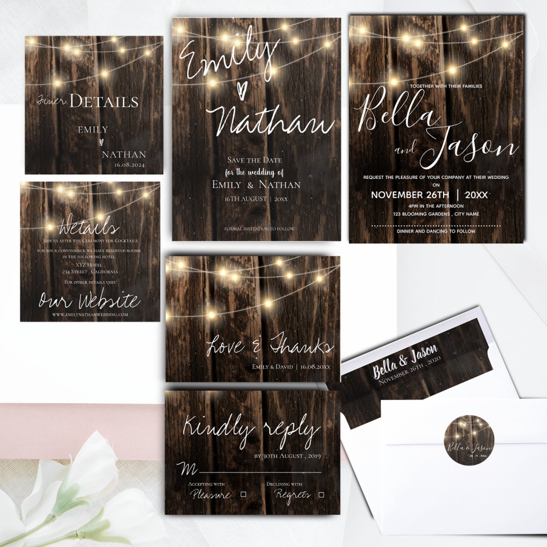 Rustic Wood With String Lights Wedding Invitation | Zazzle