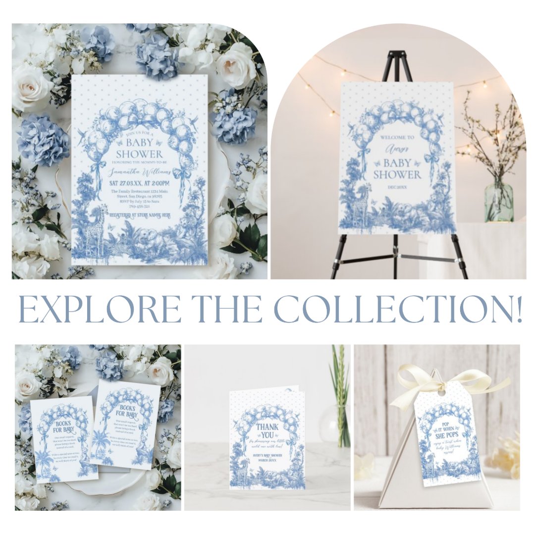 Safari Animal Dusty Blue Toile Baby Boy Shower Invitation | Zazzle