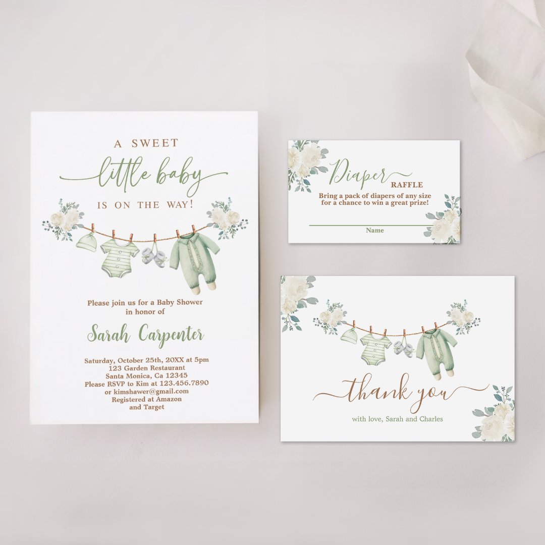 Boho Baby Shower Boy, Sage Green baby clothes Invitation | Zazzle
