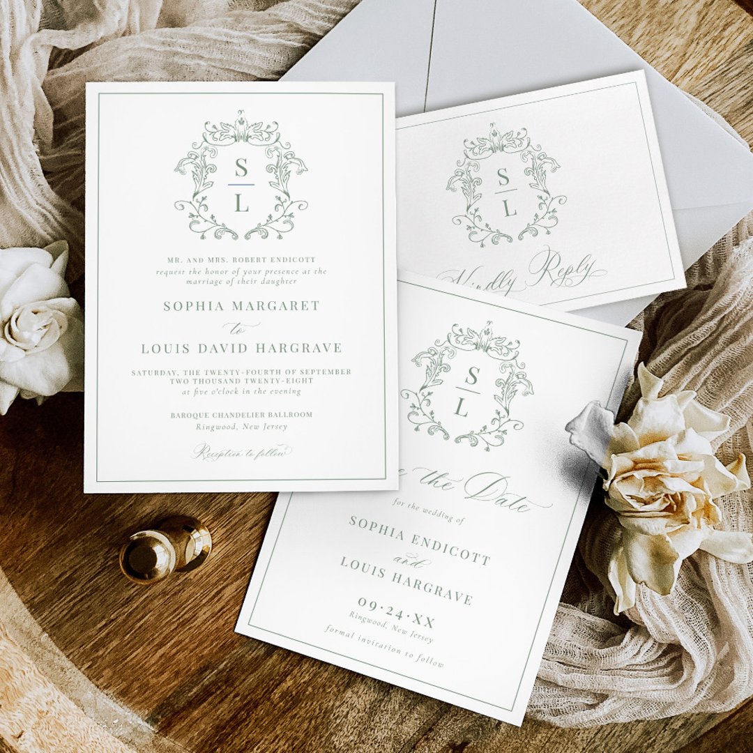 Sage Green Elegant Baroque Crest Monogram Wedding Save The Date | Zazzle