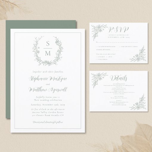 Elegant Botanical Monogram Sage Green Wedding Invitation | Zazzle