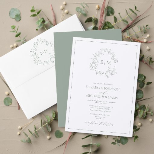 Formal Sage Green Leafy Crest Monogram Wedding Invitation | Zazzle