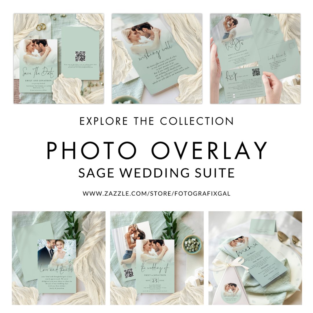 2 Photos Overlay Script QR Code Sage Wedding Invitation | Zazzle