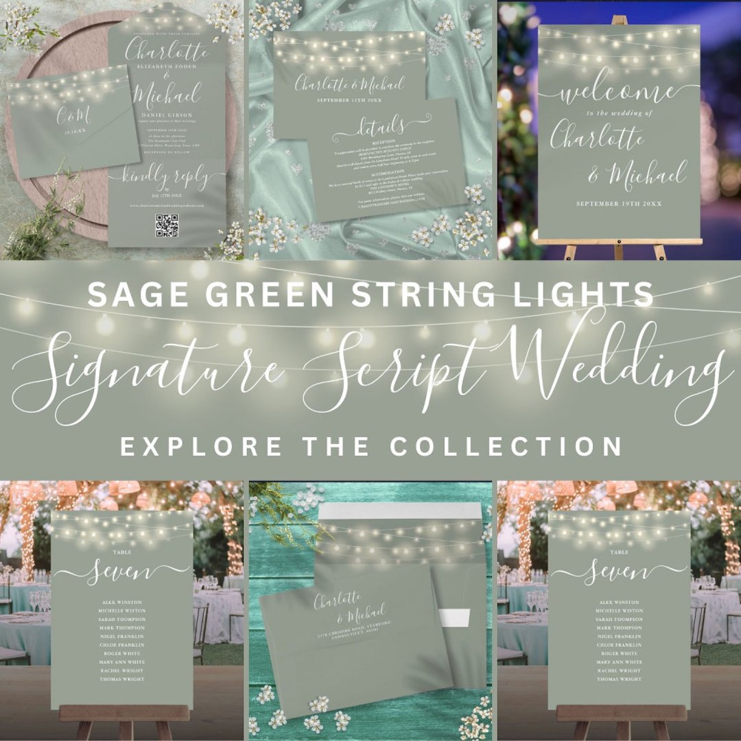 Sage Green String Lights QR Code Monogram Wedding All In One Invitation ...