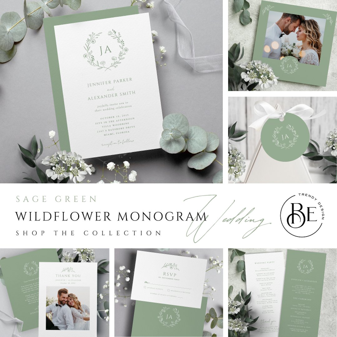 Sage Green Monogram Wedding Program | Zazzle