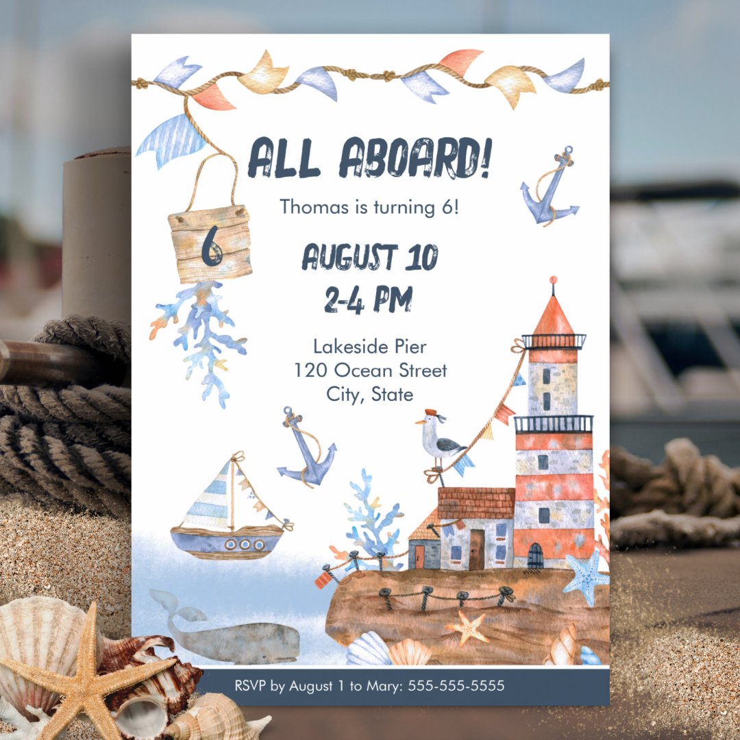 All Aboard Ocean Watercolor Kids Birthday Party Invitation | Zazzle