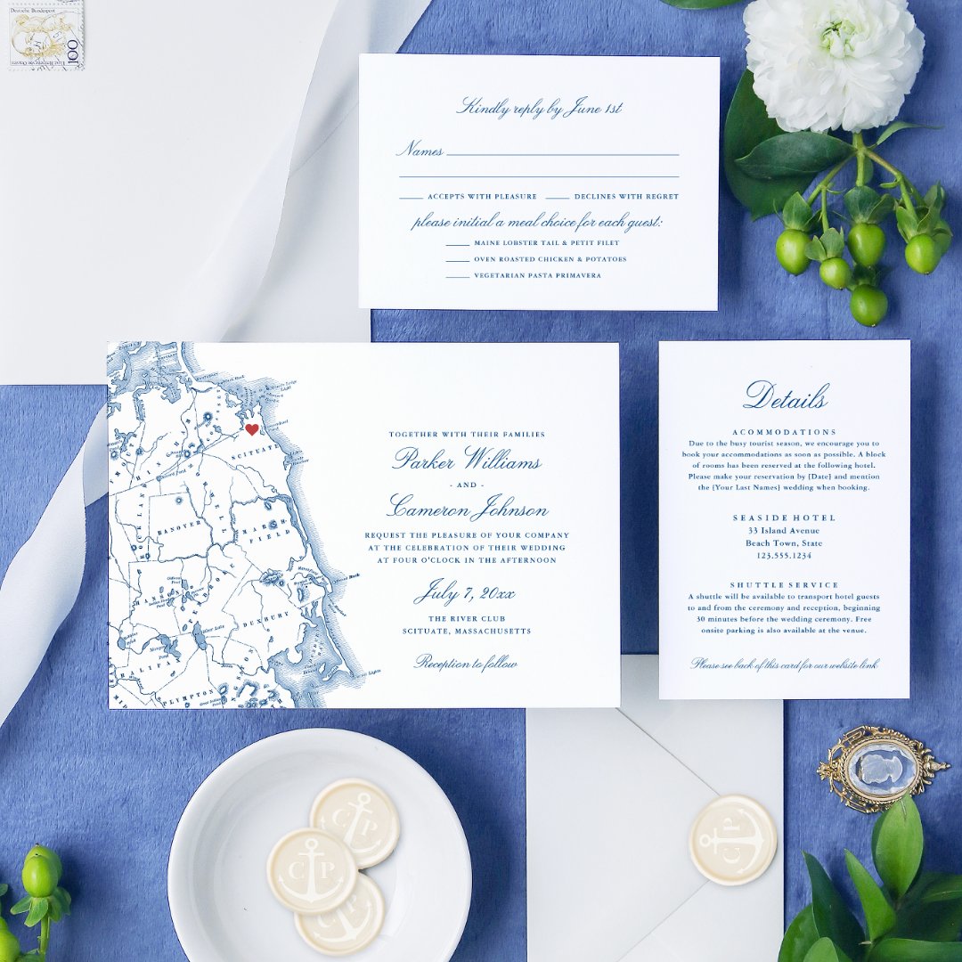 Scituate Massachusetts Map Elegant Navy Wedding Invitation | Zazzle