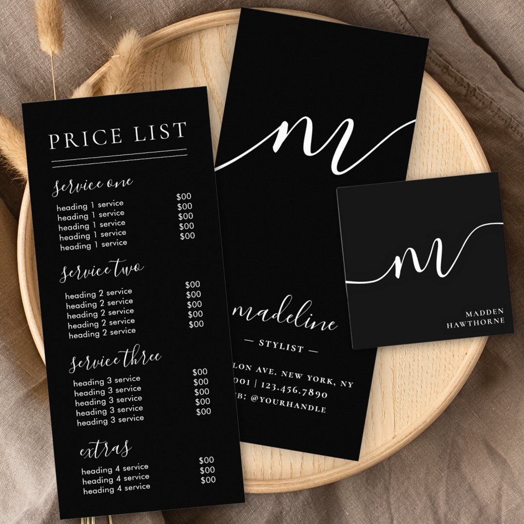 Chic Black Calligraphy Business Service Price List Pedestal Sign | Zazzle