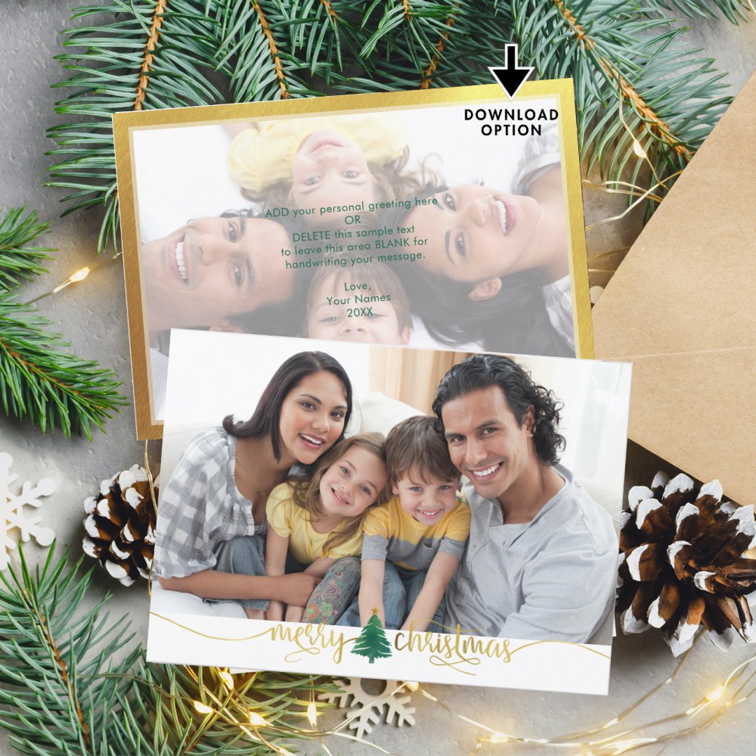Gold Merry Christmas, 2-Photo Frosted Overlay Back Holiday Card | Zazzle