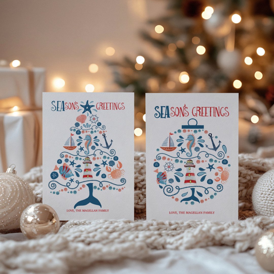 Nautical Seas and Greetings Beach Christmas Tree Holiday Card | Zazzle