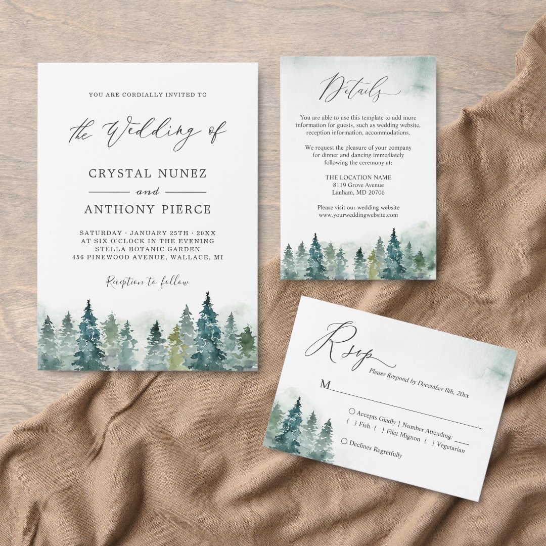 Elegant Winter Forest Pine Trees Wedding Invitation | Zazzle