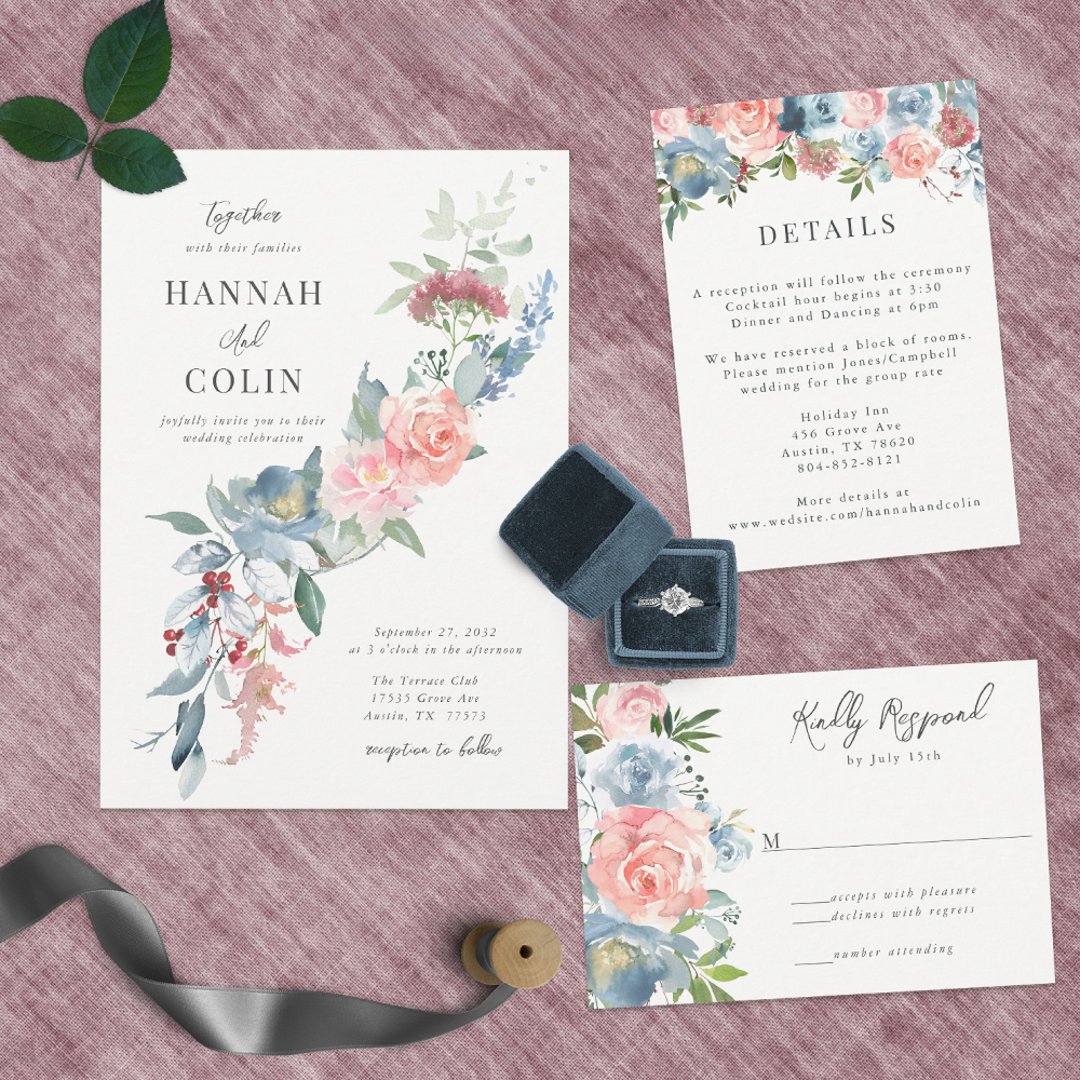 Elegant Dusty Blue and Rose Floral Swag All In One Invitation | Zazzle