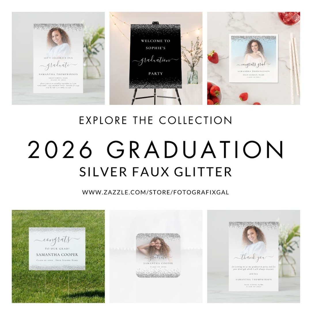 Silver Glitter Graduation Party Black Thank You Classic Round Sticker ...
