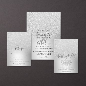 Silver glitter ombre metallic foil wedding invitation | Zazzle