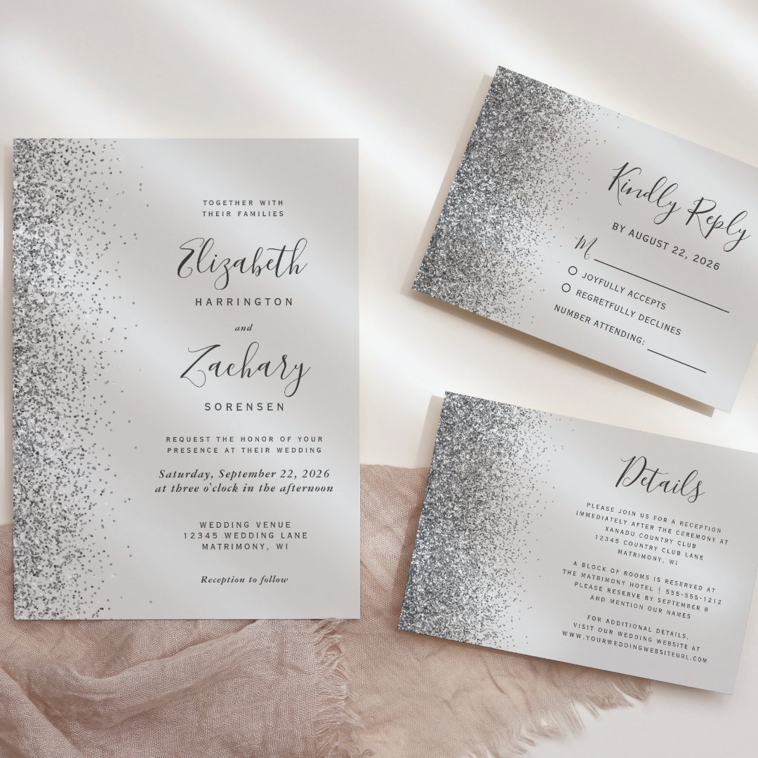 Modern Pale Gray Silver Glitter Wedding All In One Invitation | Zazzle