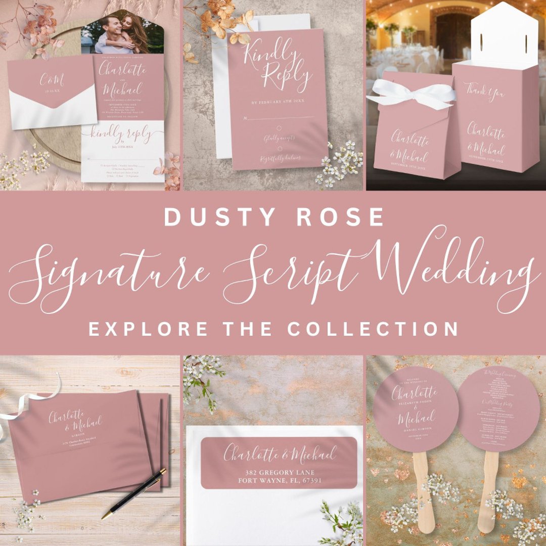 Elegant Dusty Rose Signature Script Wedding Invitation | Zazzle