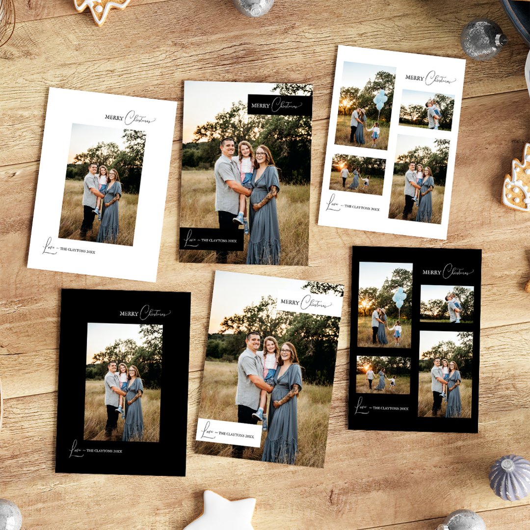 Black Simple Modern Merry and Bright Photo Holiday Card | Zazzle