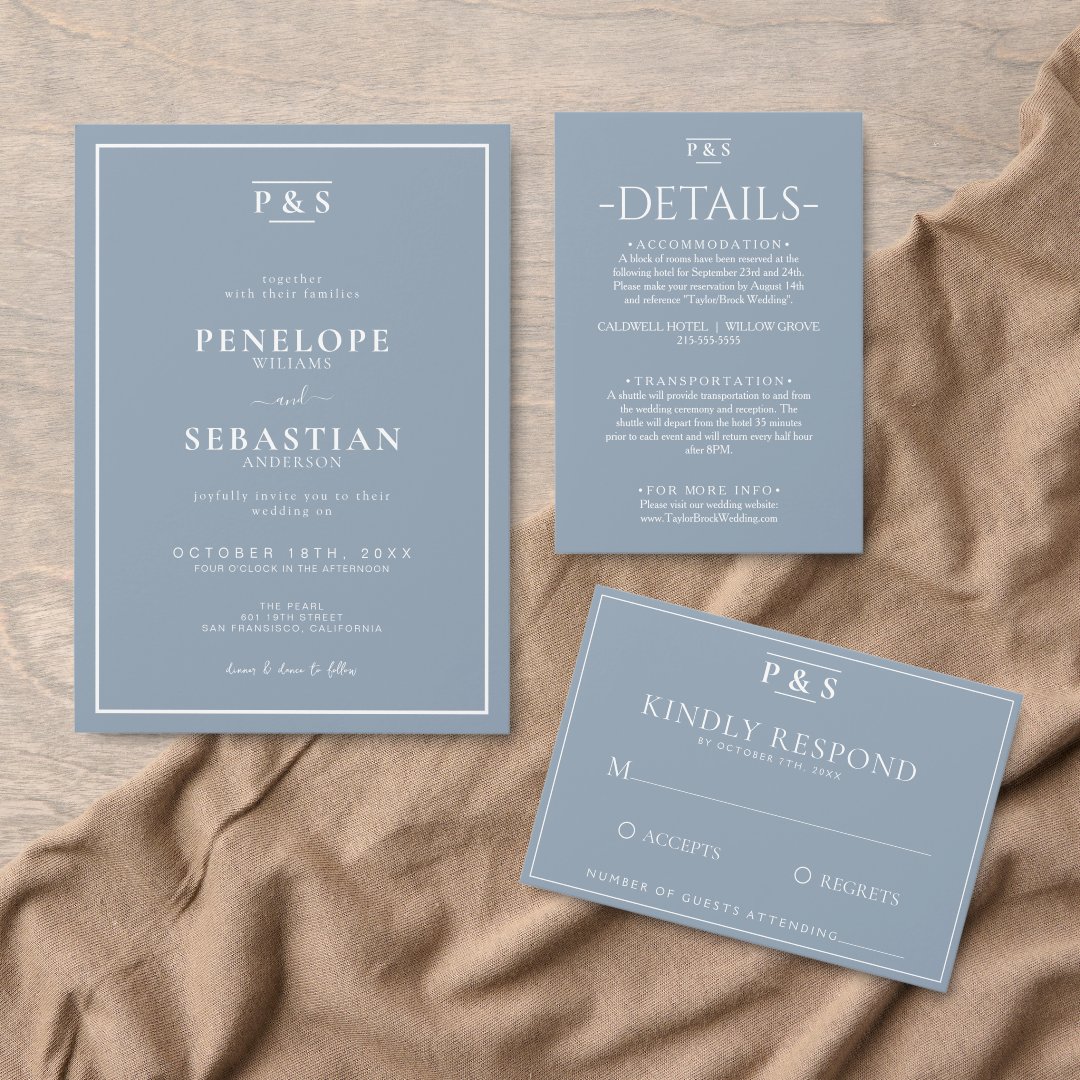 Elegant Dusty Blue Formal Monogram Simple Wedding Invitation | Zazzle