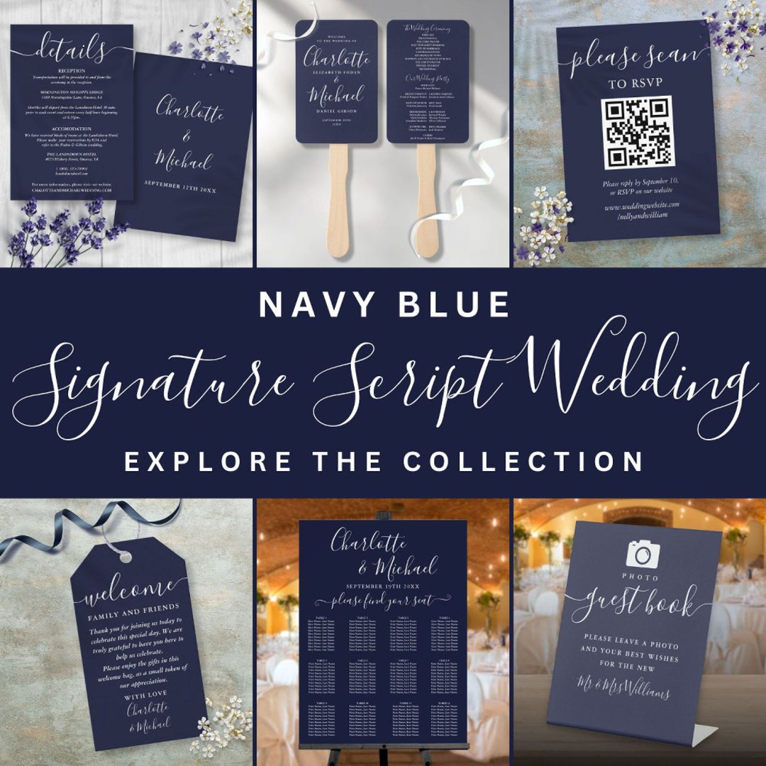 Elegant Script Navy Blue QR Code Wedding Invitation | Zazzle