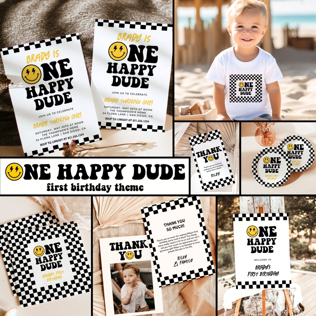 One Happy Dude | Smile Face Boy 1st Birthday Invitation | Zazzle