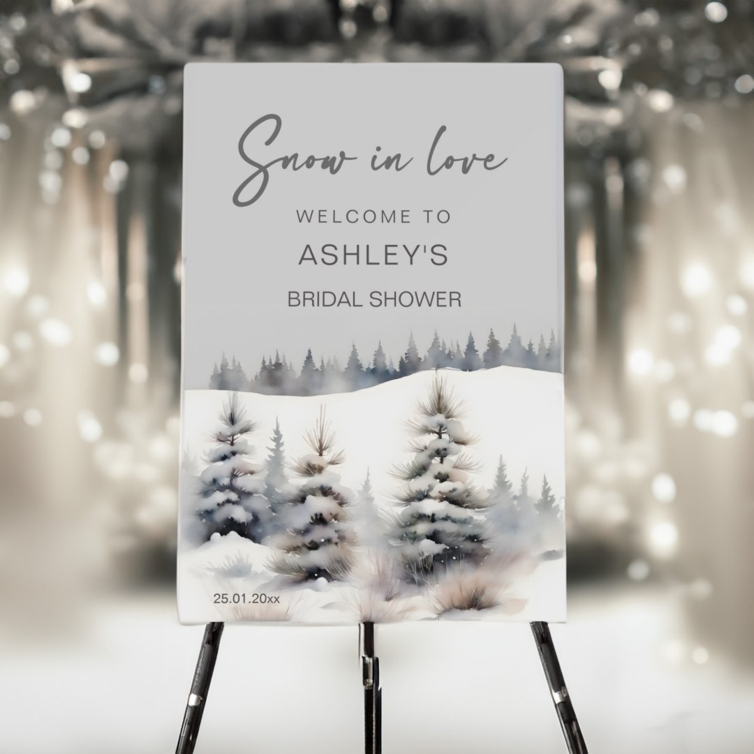 Snow in love winter forest bridal shower welcome foam board | Zazzle