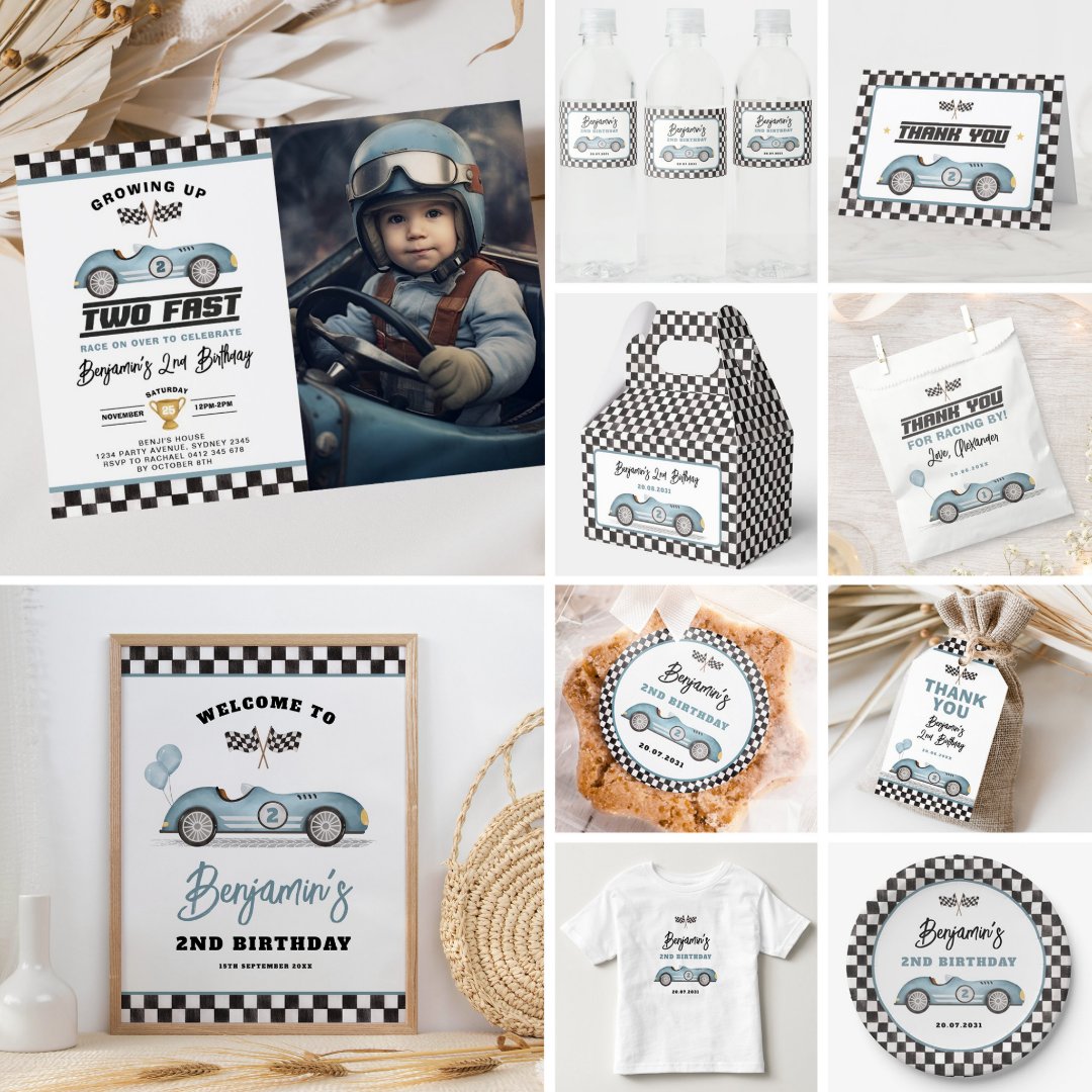 Retro Blue Race Car Two Fast Boy 2nd Birthday Classic Round Sticker ...