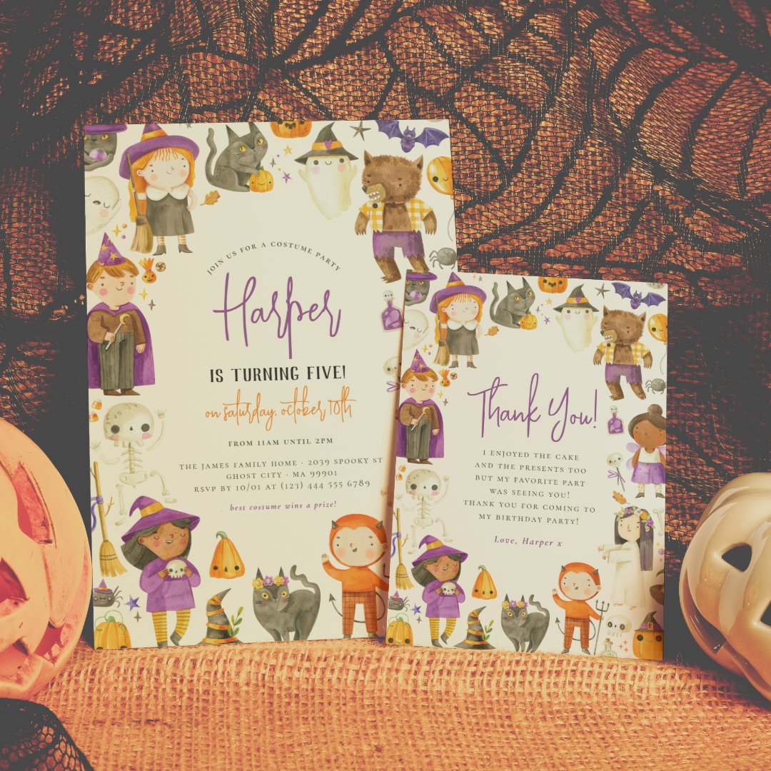 Cute Costume Party Girl Halloween Birthday Party Invitation | Zazzle