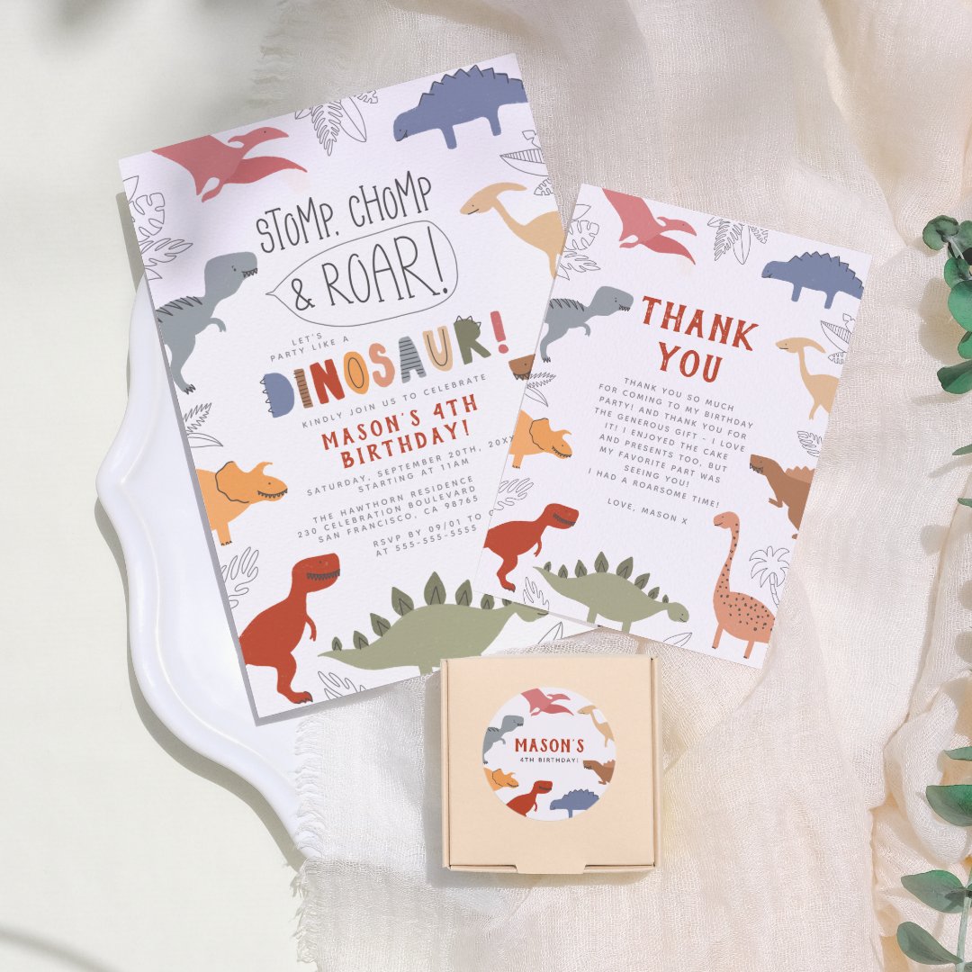 Stomp, Chomp and Roar! Dinosaurs Birthday Party Invitation | Zazzle
