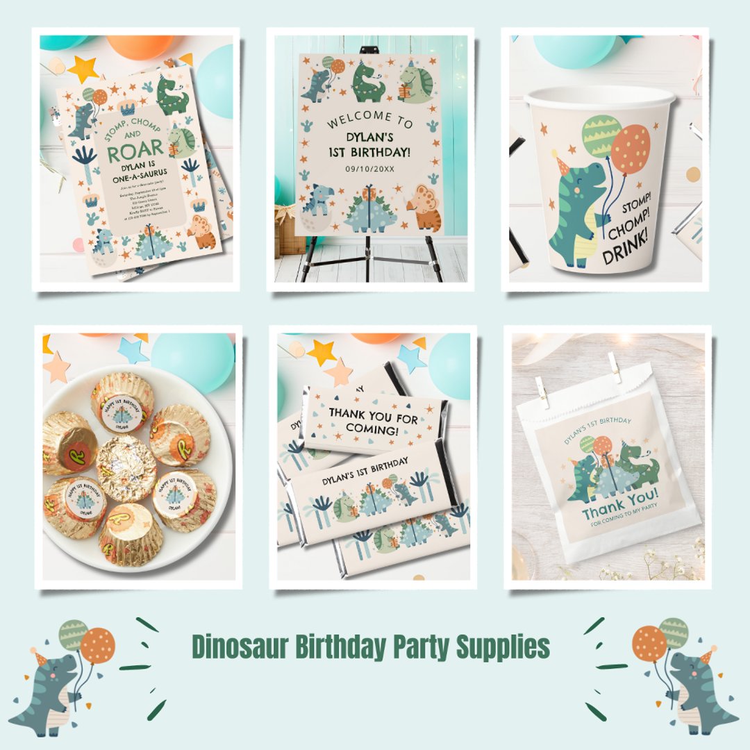 Dinosaur Stomp Chomp and Roar First Birthday Invitation | Zazzle