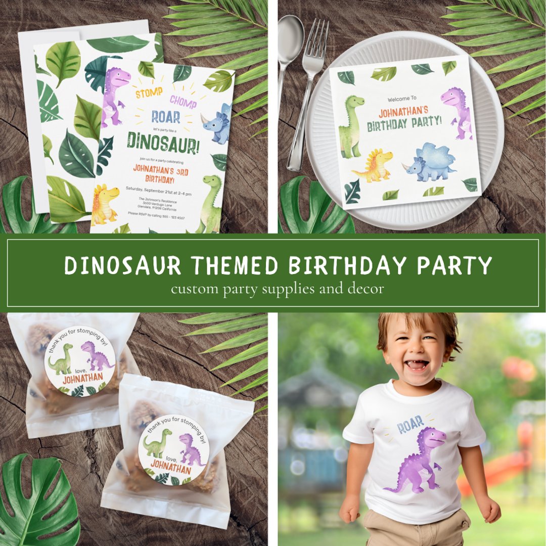 Stomp Chomp Roar Dinosaur Birthday Party Paper Plates | Zazzle